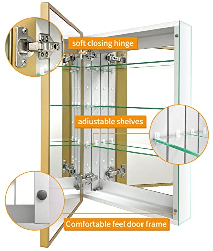 FOMAYKO Aluminum Bathroom Medicine Cabinet with Farmhouse Gold Framed 16x26 Inches Recess or Surface Mount Mirror Cabinet for Bathroom Toilet Kitchen