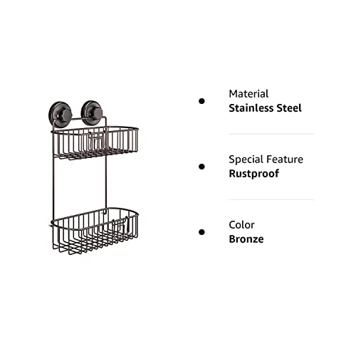HASKO accessories Shower Caddy with Suction Cups | 304 Stainless Steel | Adhesive 3M Stick Discs | 2 Tier Basket for Bathroom and Kitchen Storage (Bronze)
