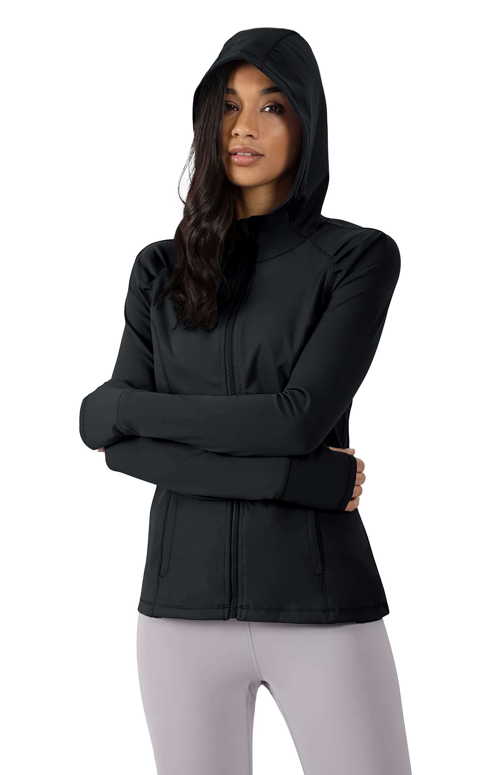 Yogalicious Lux full-Zip Hooded Running Workout Yoga Jacket - Black - XL