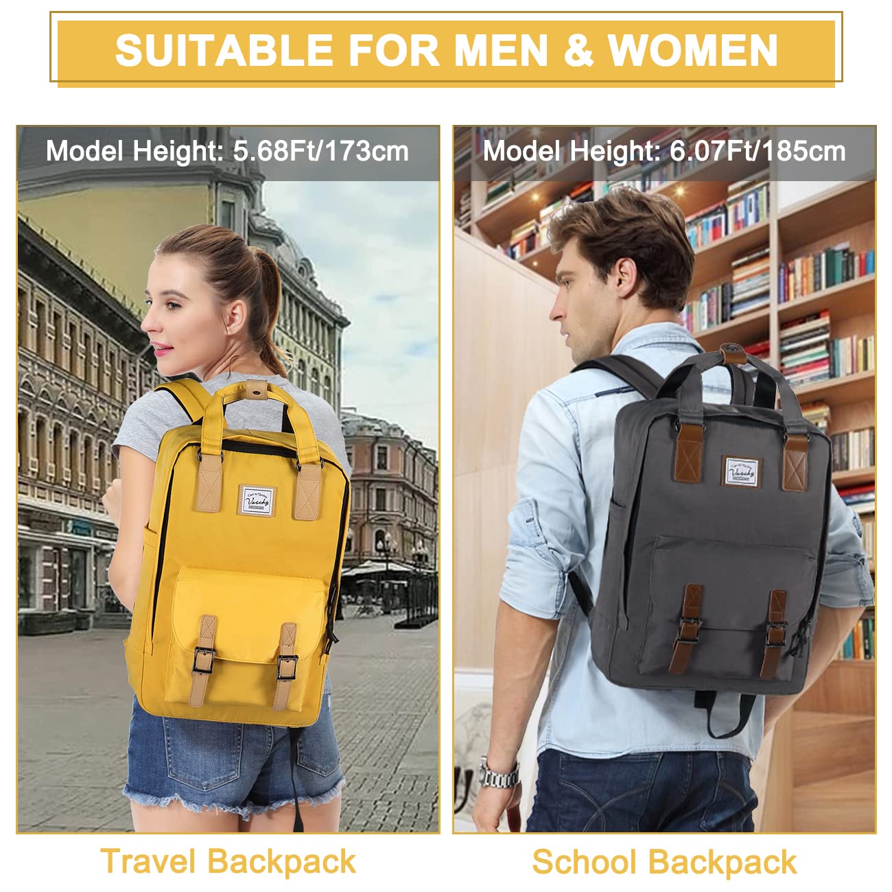 VASCHY Laptop Backpack for Men and Women, Unisex Vintage Water Resistant Casual Daypack Rucksack Bookbag for School College Yellow