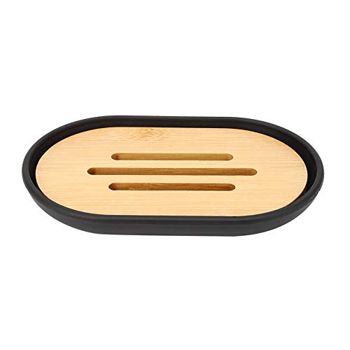 Tyenaza 6pcs Bathroom Accessories Set, Bamboo Bath Set Toothbrush Holder Toothbrush Cup Soap Dispenser Soap Dish Toilet Brush Holder Trash Can Straw(Black)