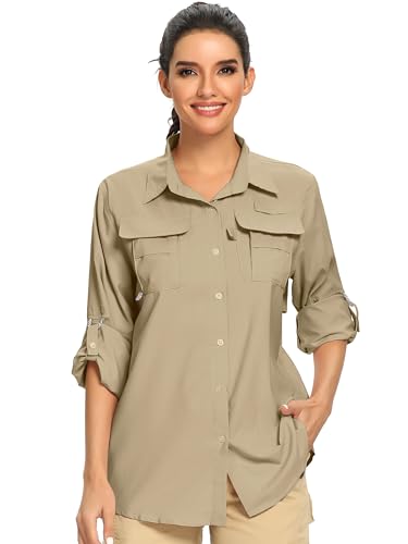 linlon Women's UPF Long Sleeve Fishing Shirts Button Up Hiking Safari Shirts Sun Protection and Quick Dry,Khaki,M