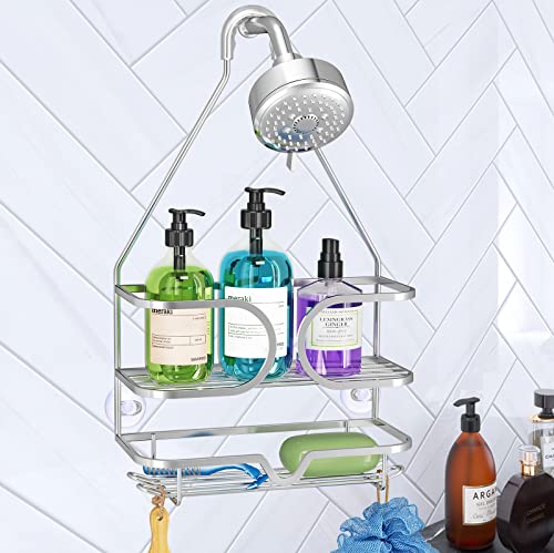 KeFanta Shower Caddy over Shower Head, Hanging Shower Organizer, Silver Shampoo Holder for Bathroom, Shower Storage Rack
