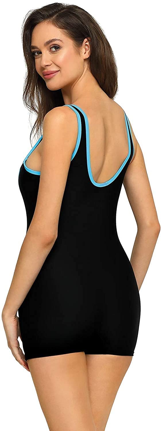 Ocean Blues Women's Blue Athletic Boyshorts One Piece Bathing Suit with Contrasting Panels Swimsuits Built-in Bra Active Swimwear Size Medium