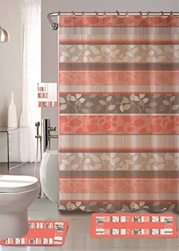WPM WORLD PRODUCTS MART Zen 18-Piece Bathroom Set: 2-Rugs/mats, 1-Fabric Shower Curtain, 12-Fabric Covered Rings, 3-pc. Decorative Towel Set (Peach)