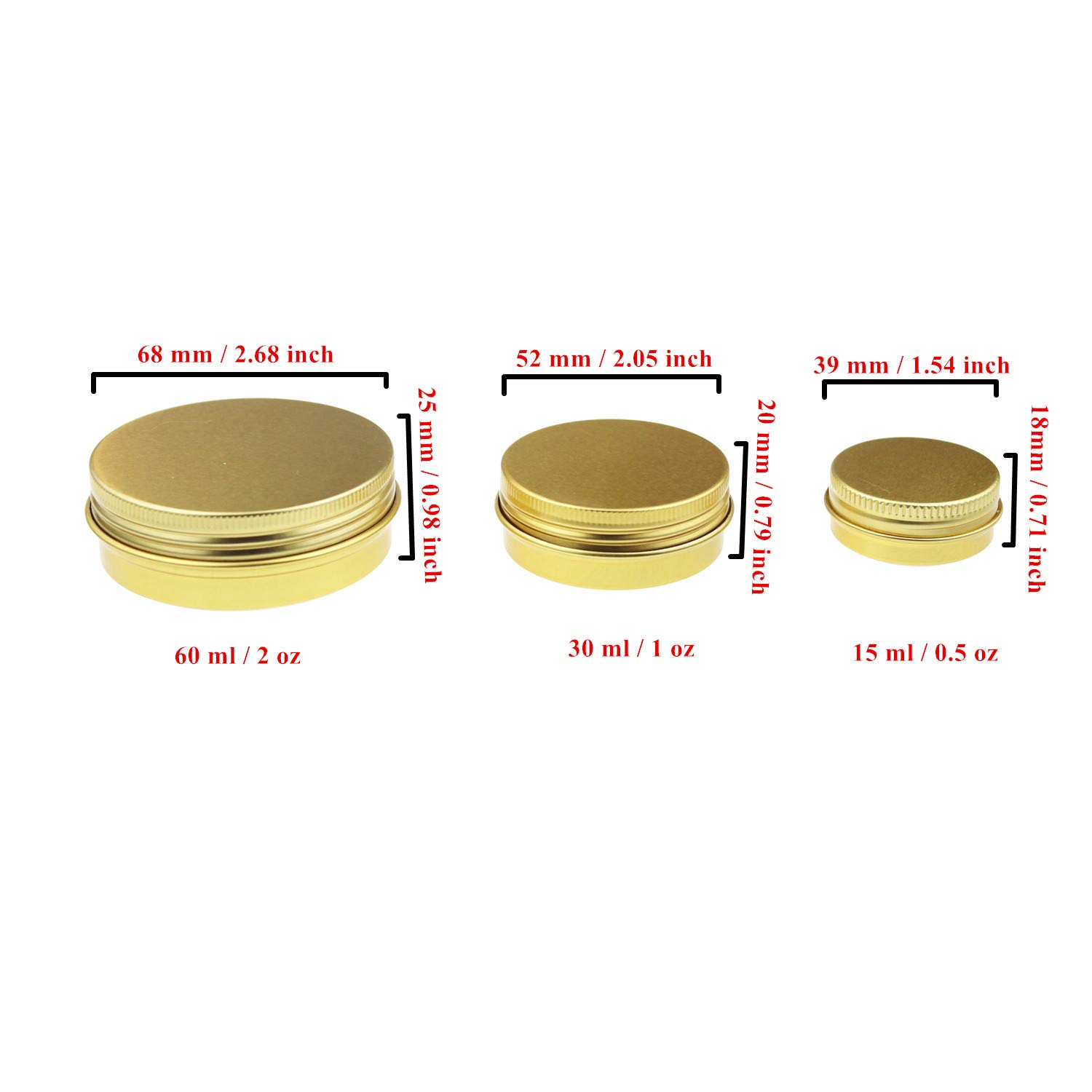 Golden Round Aluminum Cans Screw Lid Metal Tins Jars Empty Slip Slide Containers 48 Pieces 2oz 1oz 0.5oz Mixed Sizes