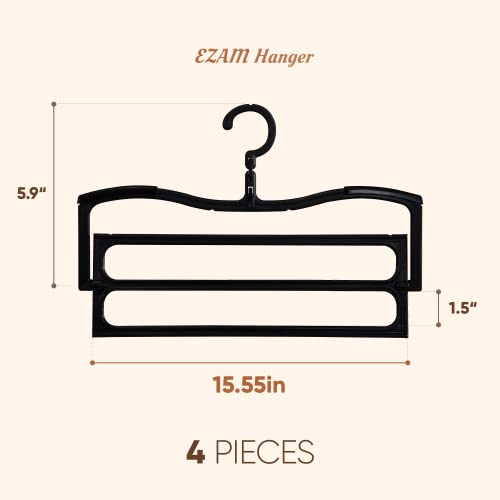 EZAM Pants Hangers Space Saving - 4 Pack Multiple Space Saving Hangers for Pants for Closet Rack, 360 Rotating Bar Closet Pants Organizer - Hangers for Clothes, College & Dorm Room Essentials (Black)