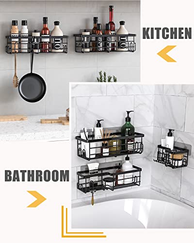Shower Caddy, Uamector Shower Organizer No Drilling, 3 Pack Adhesive Rustproof Stainless Steel Shower Shelves, Black Shower Shelf with 17 Hooks for Inside Shower, Wall Mounted Shower Rack for Bathroom