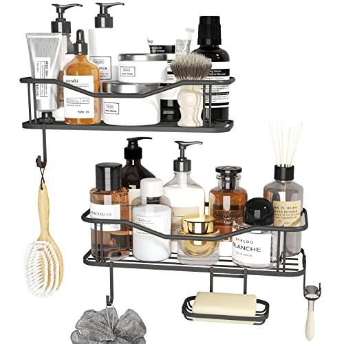 MXARLTR Adhesive Shower Caddy Shower Shelves, Shower Shelf for Inside Shower, No Drilling Wall Mounted Shower Basket Shelf with 3 Hooks, Kitchen Spice Rack Bathroom Shower Organizer 3 Pack, Black