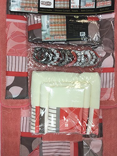 WPM WORLD PRODUCTS MART Zen 18-Piece Bathroom Set: 2-Rugs/mats, 1-Fabric Shower Curtain, 12-Fabric Covered Rings, 3-pc. Decorative Towel Set (Peach)
