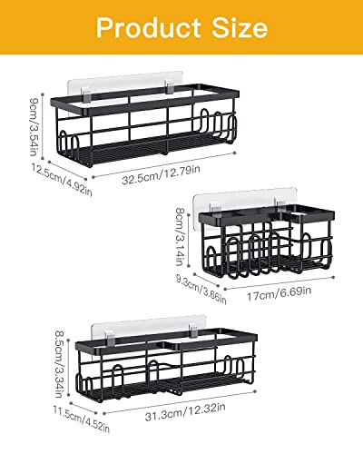 Shower Caddy, Uamector Shower Organizer No Drilling, 3 Pack Adhesive Rustproof Stainless Steel Shower Shelves, Black Shower Shelf with 17 Hooks for Inside Shower, Wall Mounted Shower Rack for Bathroom