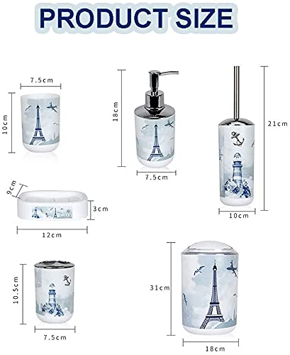 6 Piece Plastic Bathroom Accessory Set Luxury Lighthouse Bath Accessories Bath Set Lotion Bottles,Toothbrush Holder,Tooth Mug,Soap Dish,Toilet Brush,Rubbish for Modern Design