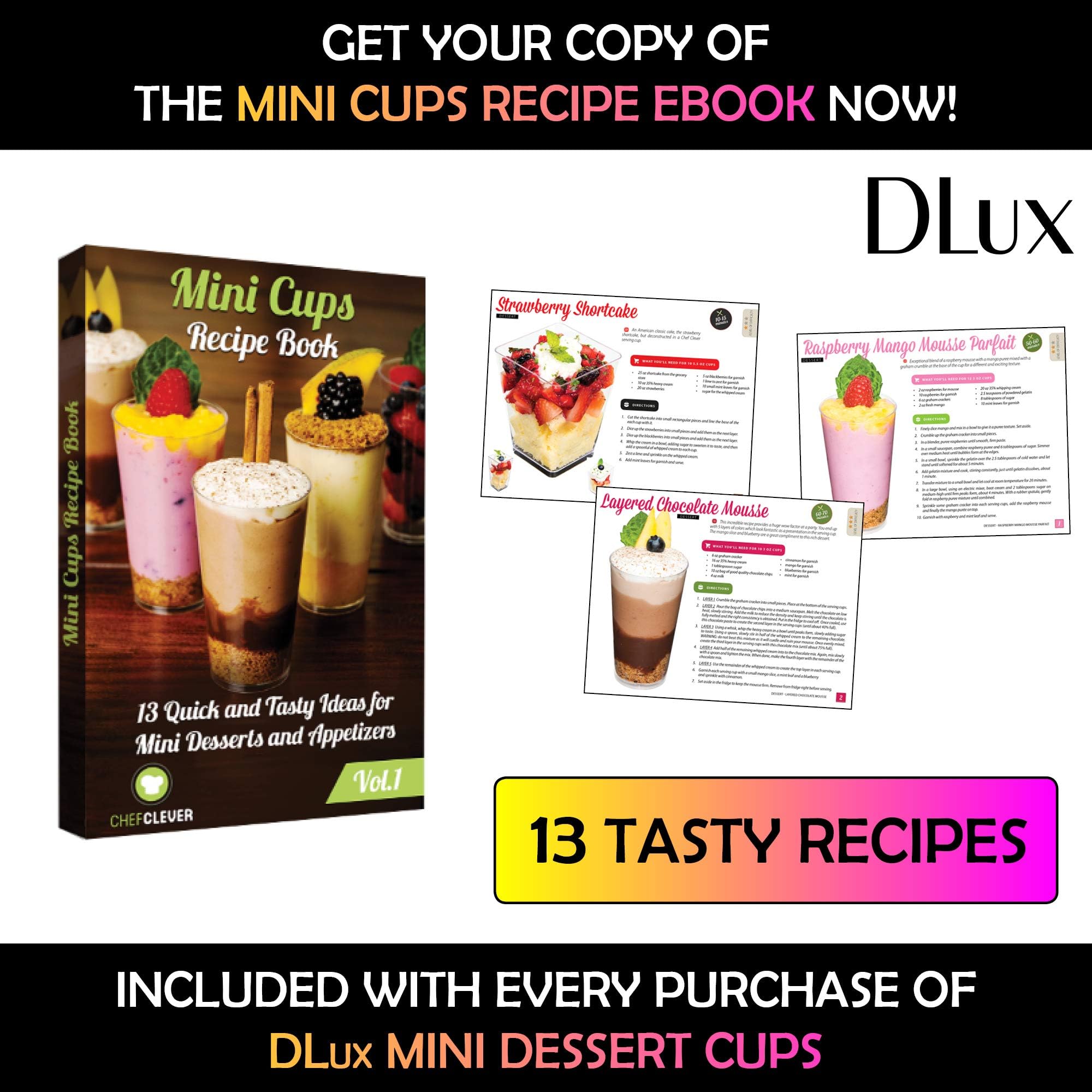DLux 50 x 3 oz Mini Dessert Cups with Spoons, Square Tall - Glitter Plastic Parfait Appetizer Cup - Small re-usable Serving Bowl for Tasting Party Desserts Appetizers - with Recipe Ebook