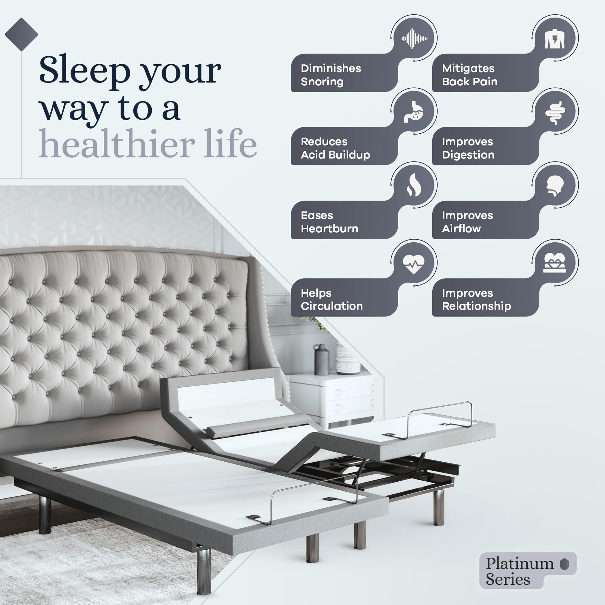 Sven & Son Platinum Adjustable Bed Base Frame Only, Head and Foot Lift, Lumbar Support, Head-Pillow-Tilt, Massage, Under-Bed Lights, USB - Split King