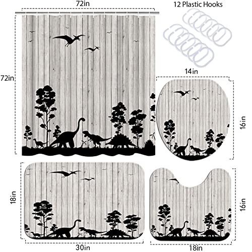 AtGoWac 4 Pieces Dinosaur Shower Curtain Sets with Rugs, Jurassic Dinosaurs Silhouette with Grey Wood Texture Background Shower Curtain Dinosaur Bath Mat Kids Bathroom Decor Sets