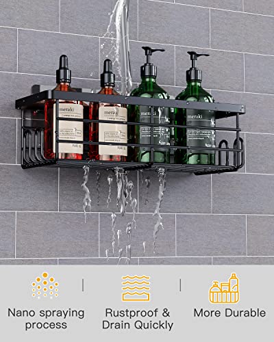 Shower Caddy, Uamector Shower Organizer No Drilling, 3 Pack Adhesive Rustproof Stainless Steel Shower Shelves, Black Shower Shelf with 17 Hooks for Inside Shower, Wall Mounted Shower Rack for Bathroom