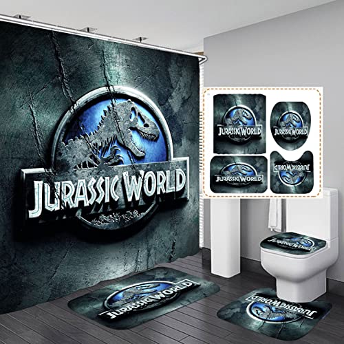 Dinosaur Bathroom 4 Pieces Set Shower Curtain, Toilet Lid Cover and Bath Mat, Non-Slip Rugs, Durable and Waterproof, for Bathroom Decor Set, 72" x 72"