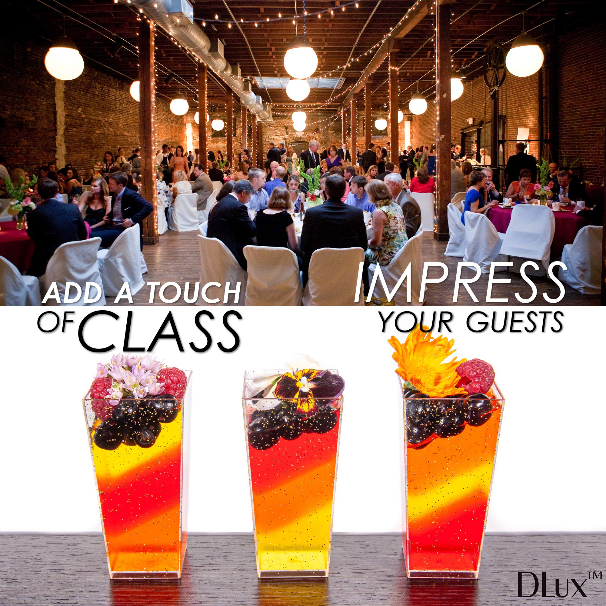 DLux 50 x 3 oz Mini Dessert Cups with Spoons, Square Tall - Glitter Plastic Parfait Appetizer Cup - Small re-usable Serving Bowl for Tasting Party Desserts Appetizers - with Recipe Ebook