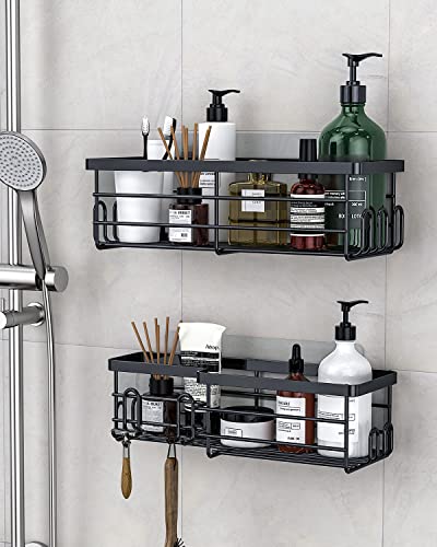 Shower Caddy, Uamector Shower Organizer No Drilling, 3 Pack Adhesive Rustproof Stainless Steel Shower Shelves, Black Shower Shelf with 17 Hooks for Inside Shower, Wall Mounted Shower Rack for Bathroom