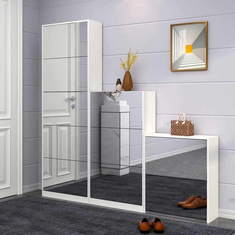 GLS Floor Standing Full Length Mirror Shoe Cabinet,5 Tier Closet Shoe Organizers for Living Room,White