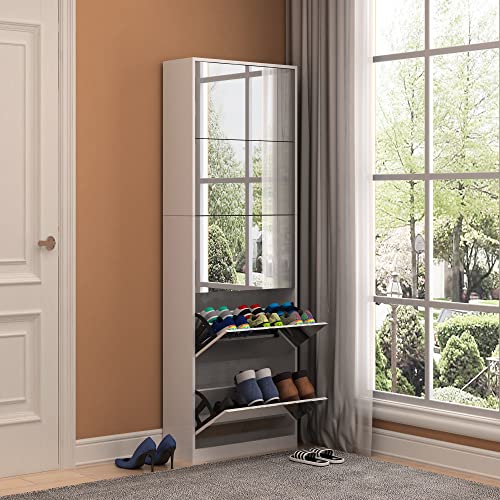 GLS Floor Standing Full Length Mirror Shoe Cabinet,5 Tier Closet Shoe Organizers for Living Room,White