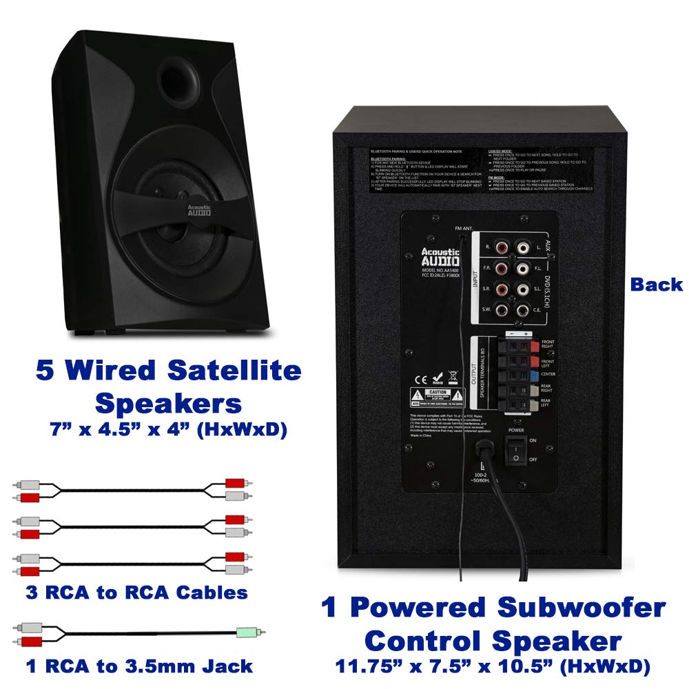 Acoustic Audio Bluetooth 5.1 Speaker System with Sub Light FM and Optical Input Home Theater 6 Speaker Set