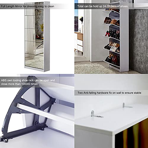 GLS Floor Standing Full Length Mirror Shoe Cabinet,5 Tier Closet Shoe Organizers for Living Room,White