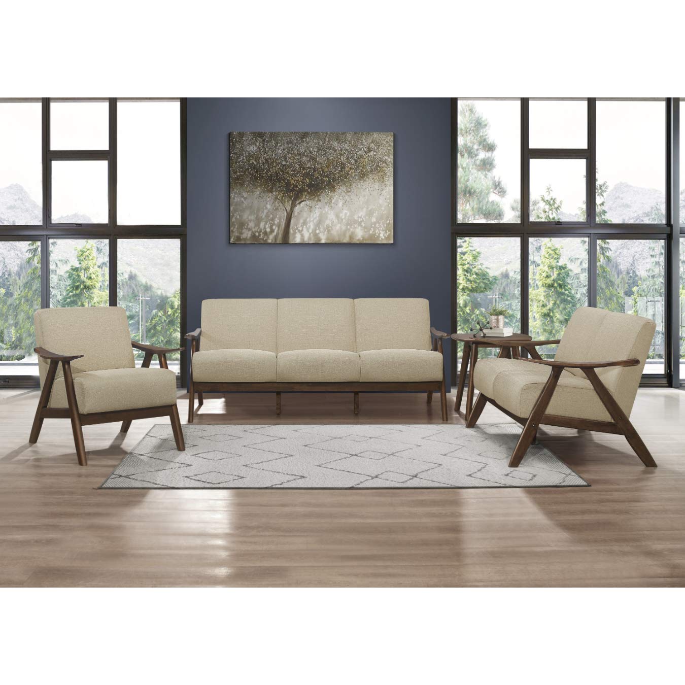 Lexicon Mid Century Modern Accent Chair with Solid Wood Frame in Walnut Finish, Upholstered Living Room Lounge Arm Chair, Thick and Comfy Innerspring Seat Cushion, Linen-Look Fabric, Light Brown