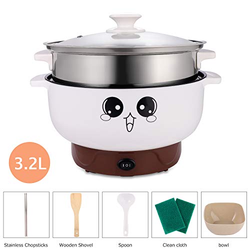MINGPINHUIUS 4-in-1 Multifunction Electric Cooker Skillet Wok Electric Hot Pot For Cook Rice Fried Noodles Stew Soup Steamed Fish Boiled Egg Small Non-stick with Lid (3.2L, with Steamer)