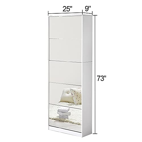 GLS Floor Standing Full Length Mirror Shoe Cabinet,5 Tier Closet Shoe Organizers for Living Room,White
