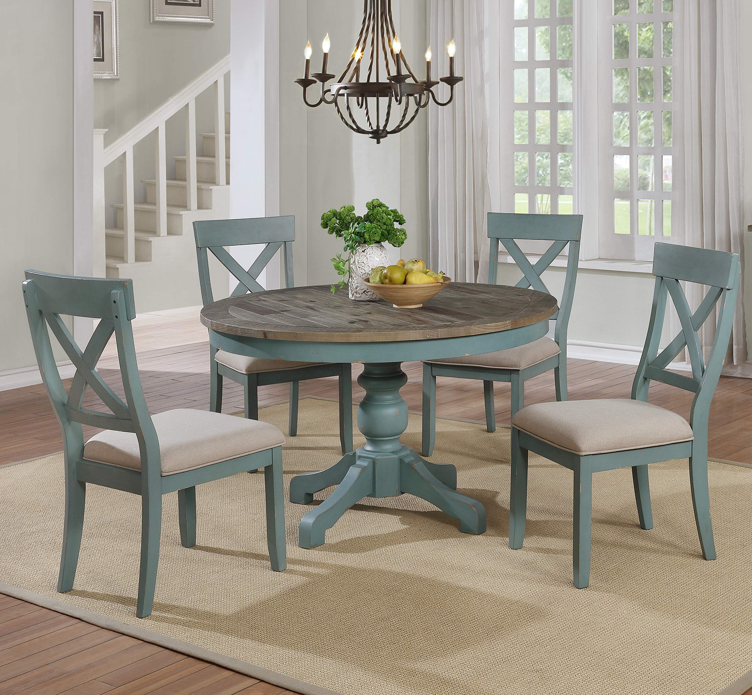 Roundhill Furniture Prato 5-Piece Round Dining Table Set with Cross Back Chairs, Antique Blue and Weathered Walnut
