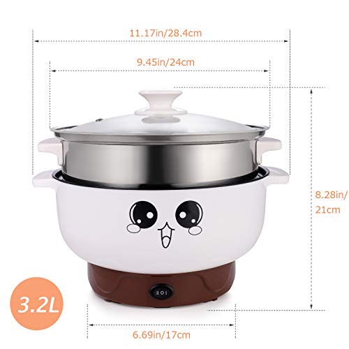 MINGPINHUIUS 4-in-1 Multifunction Electric Cooker Skillet Wok Electric Hot Pot For Cook Rice Fried Noodles Stew Soup Steamed Fish Boiled Egg Small Non-stick with Lid (3.2L, with Steamer)