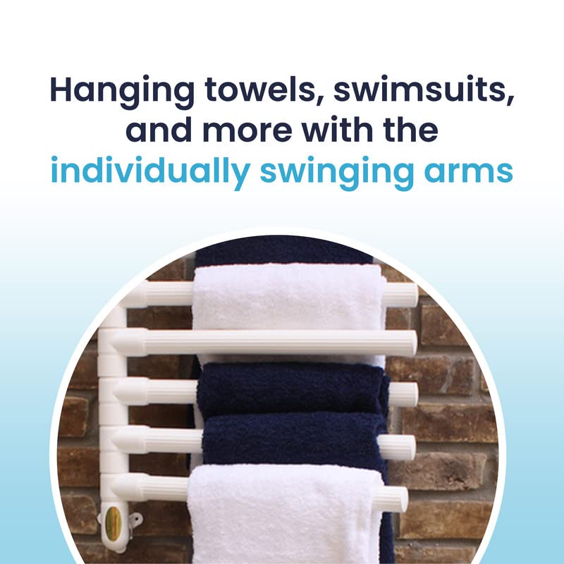The Original Hanging Towel Rack - Wall-Mounted Outdoor Pool Towel Rack with 6 Swivel Arms for Convenient Storage - Patented Rust-Free and Durable PVC Towel Rack Design - No Assembly Required (White)