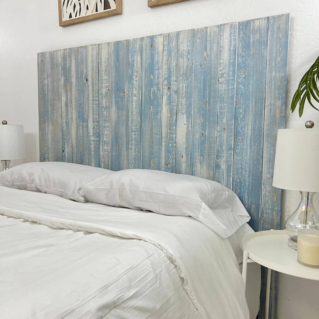 Barn Walls Solid Wood Headboard King Size, Blue Powderwash Finish with Smooth Natural Wood Grain, Handcrafted Wall-Mounted Panel Head Board, Adjustable Height, Modern Farmhouse Bedroom, Built to Last