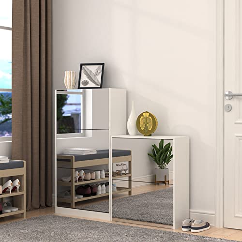 GLS Floor Standing Full Length Mirror Shoe Cabinet,5 Tier Closet Shoe Organizers for Living Room,White