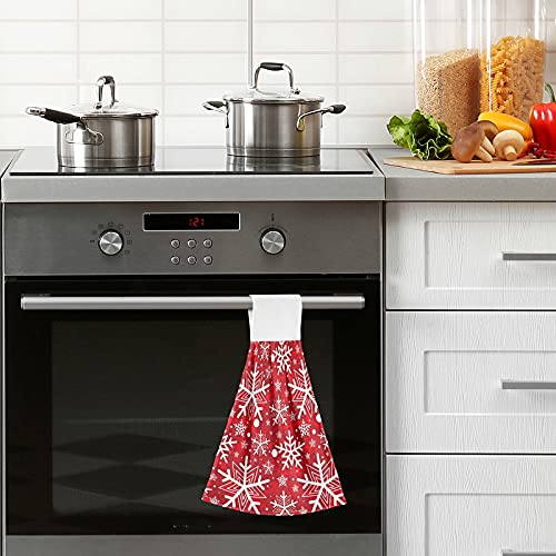 FFYHO Winter Snowflakes Hanging Kitchen Towel with Loop 2 Pack Christmas Red Hand Towels Soft Microfiber Coral Velvet Tie Towel Decor for Bathroom Oven Absorbent Washcloth