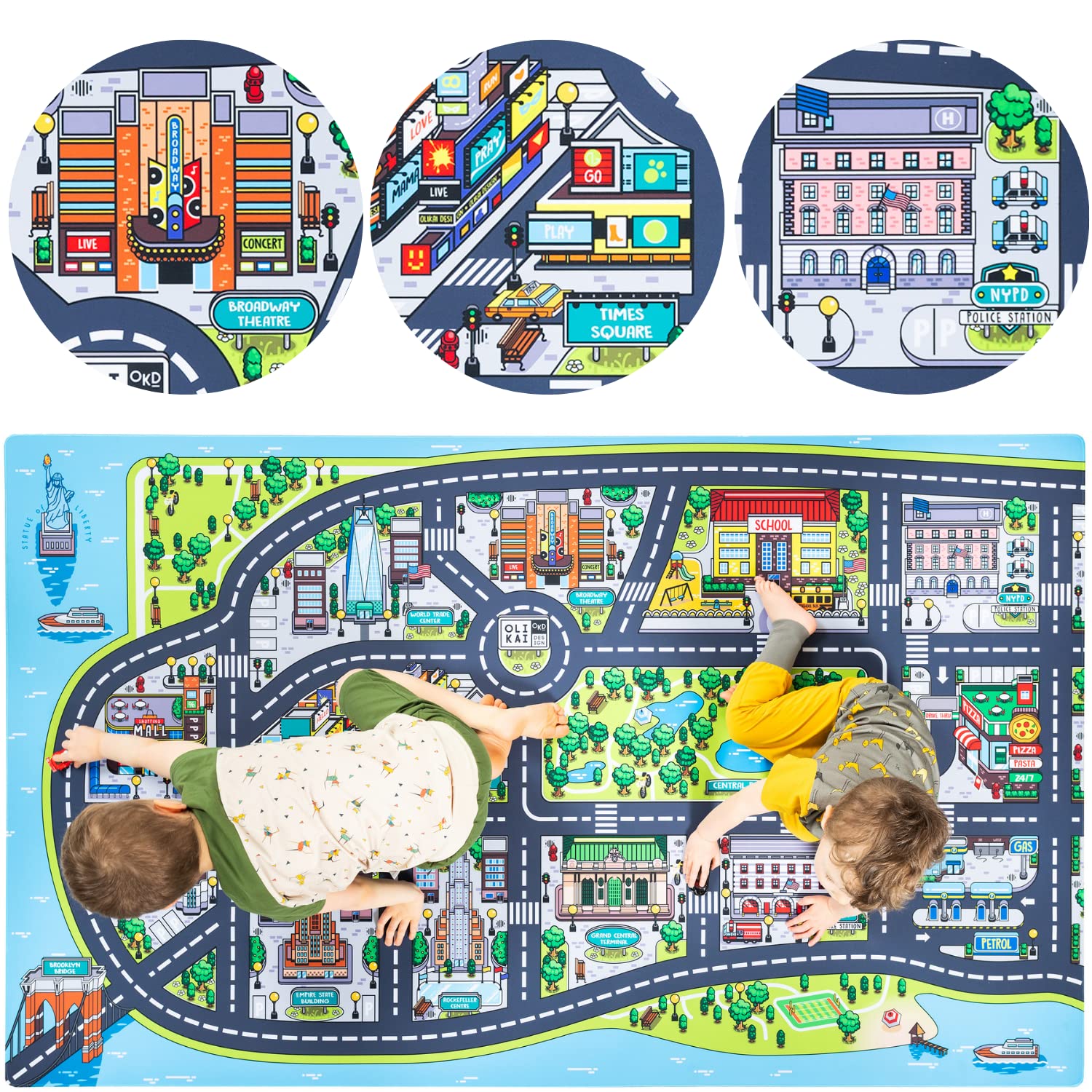 Olikai Design New York Kids City Rug Playmat for Toddlers. Fun, Educational, Map & Race Track Rug for a Boys or Girls Room. Large 75 x 45 in. Car Carpet Ideal for a Playroom, Bedroom or Classroom.