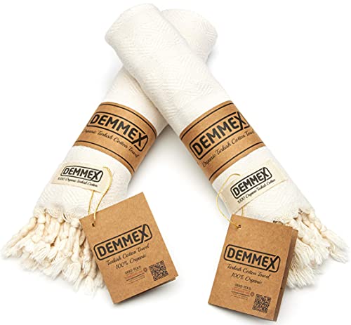 DEMMEX (Set of 2) Certified 100% Organic Turkish Cotton Prewashed Decorative Bathroom Peshtemal Towel for Hand, Face, Hair, Gym, Yoga, Tea, Discloth, Kitchen, Bath, 18x36 Inches (Vintage White)