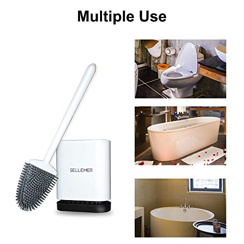 Sellemer Toilet Brush and Holder Set for Bathroom, Flexible Toilet Bowl Brush Head with Silicone Bristles, Compact Size for Storage and Organization, Ventilation Slots Base (White)