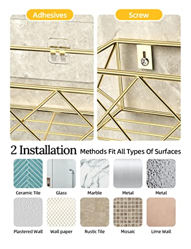 Iperlife Shower Caddy Gold, 2 Pack Shower Shelves Strong Adhesive Bathroom Shower Organizer with Hooks No Drilling Wall-Mounted Shower Shelf for Inside Shower