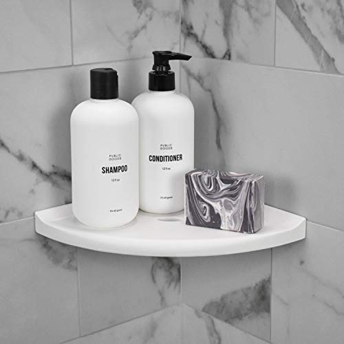 Questech Décor 8 Inch Corner Shower Shelf and 5 Inch Shower Caddy Foot Rest, Metro Lugged Back for New Construction, Mounted Bathroom Shower Organizer, Bright White Matte