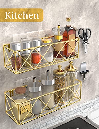 Iperlife Shower Caddy Gold, 2 Pack Shower Shelves Strong Adhesive Bathroom Shower Organizer with Hooks No Drilling Wall-Mounted Shower Shelf for Inside Shower