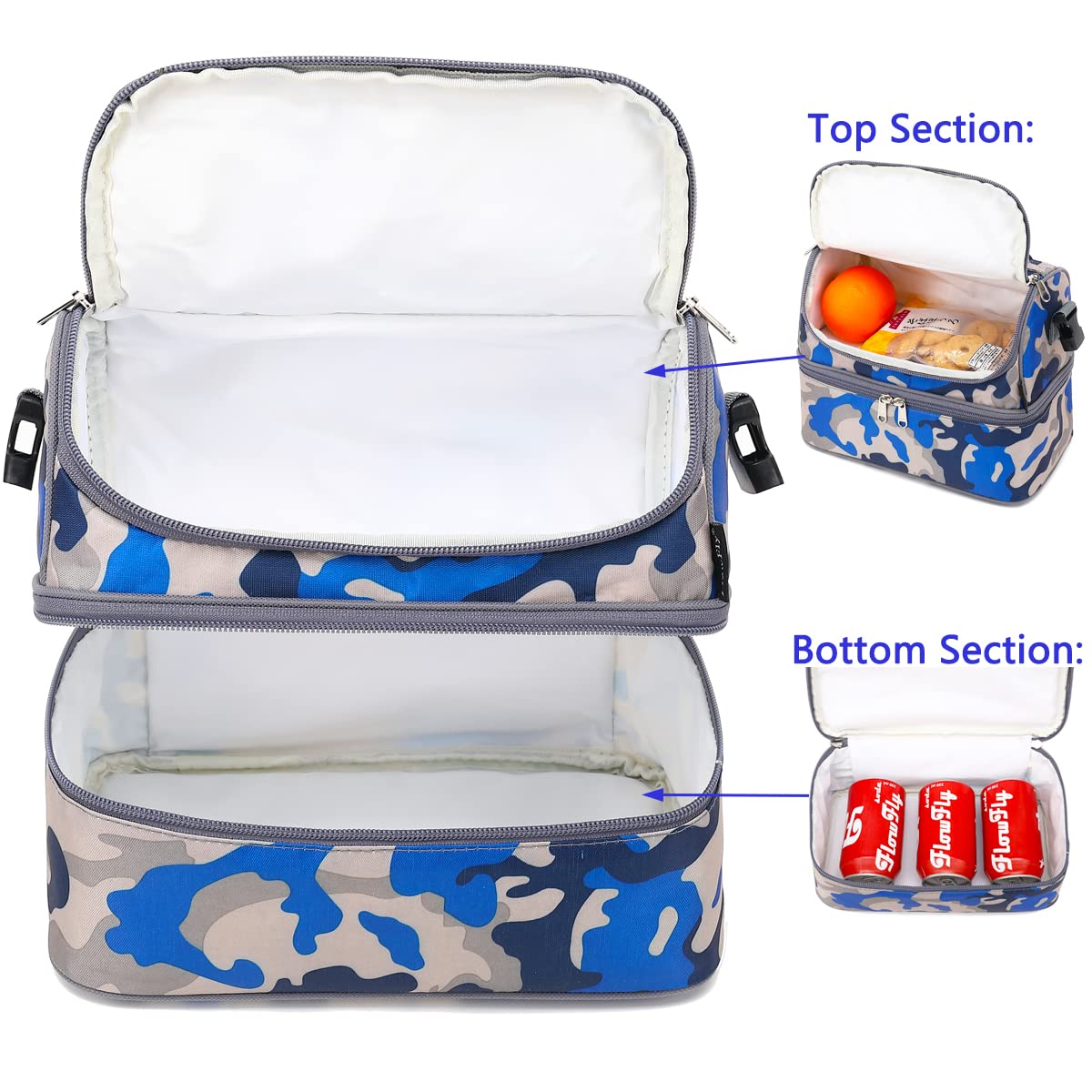 FlowFly Kids Double Decker Cooler Insulated Lunch Bag Large Tote for Boys, Girls, Men, Women, With Adjustable Strap, Blue Camo