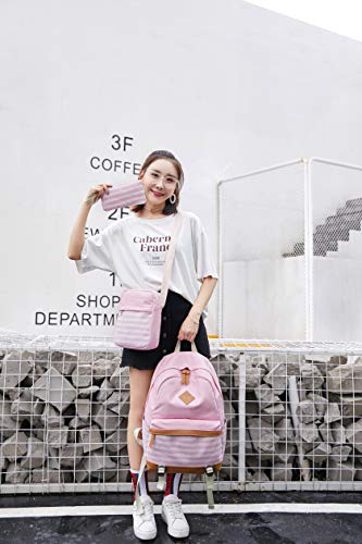 Gazigo Girls School Backpack Causal Canvas Stripe Backpack Cute Teen Backpacks For Girls School Bag (Pink)