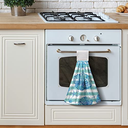 Kwlegh Coastal Seashells Hanging Hand Towels Set of 2 Teal Stripes Tie Towels Summer Starfish Bathroom Towels Absorbent Kitchen Towels with Hanging Loop for Bathroom for Bathroom Kitchen 12x17 Inch