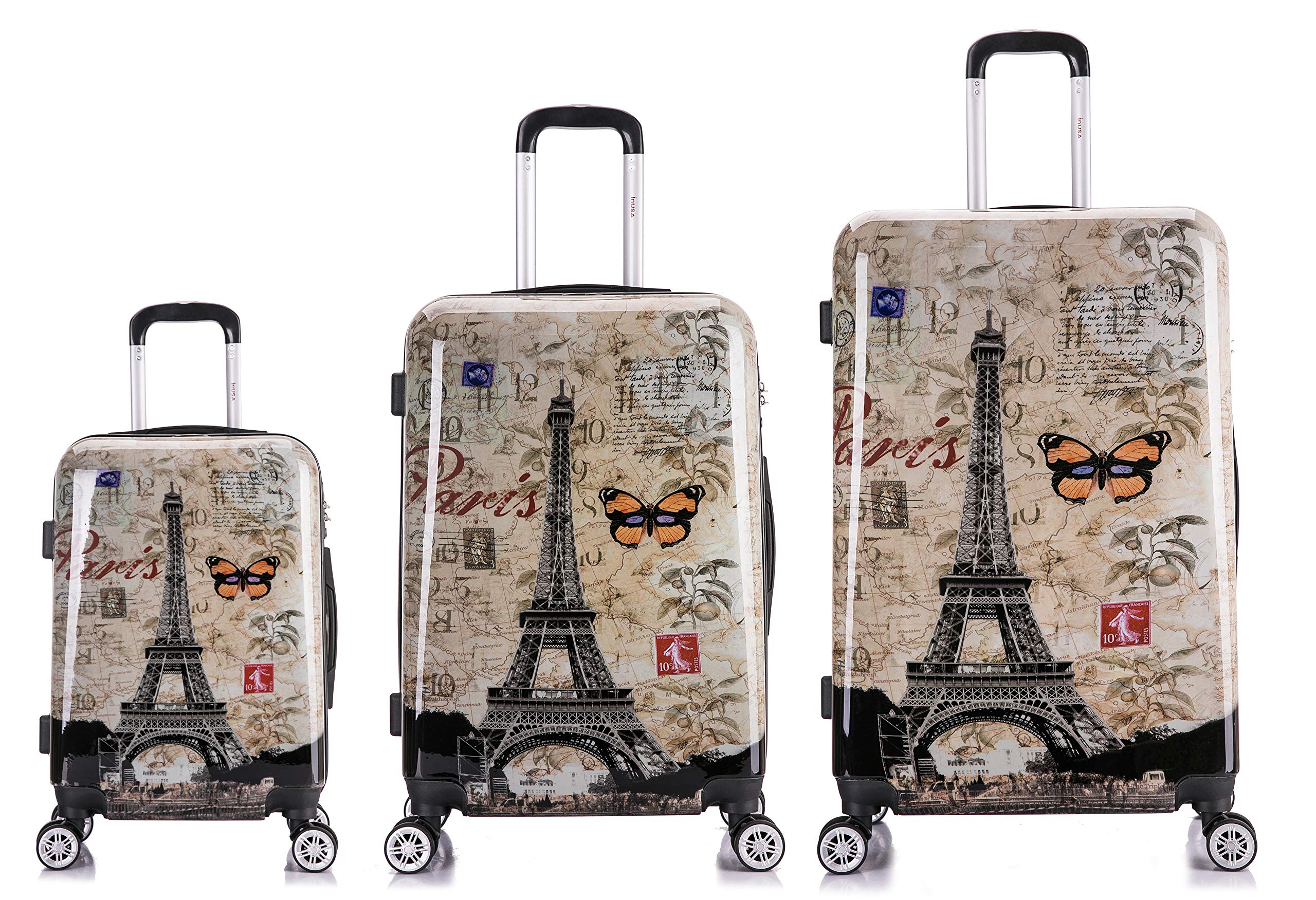 InUSA Paris Print Luggage with Spinner Wheels | Durable Lightweight Hardside Suitcase | Travel Bag with Handle and Trolley | (20in, 24in, 28in) 3 Piece Set
