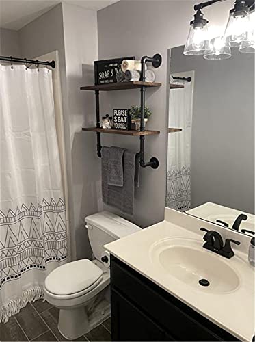 LooftMate Industrial Pipe Shelf,2 Tiered Metal Towel Racks for Bathroom,20" Industrial Pipe Floating Shelves Shelving,Rustic Wood Wall Mount Shelf with Towel Bar,Iron Towel Holder