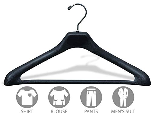 Oversized Matte Black Plastic Suit Hanger with Bar and Wide Shoulder in 19" Length X 1.5" Thick with Contoured Body and Chrome Hardware, Box of 12