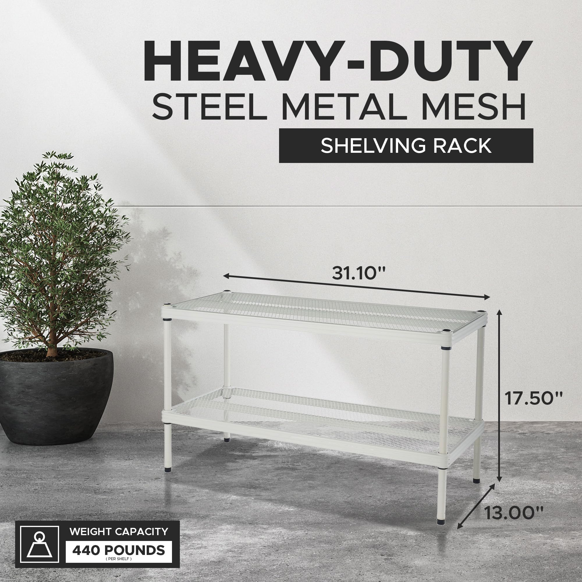 Design Ideas MeshWorks, 2-Tier Steel Shelving Rack, 440lb Capacity Per Shelf, White