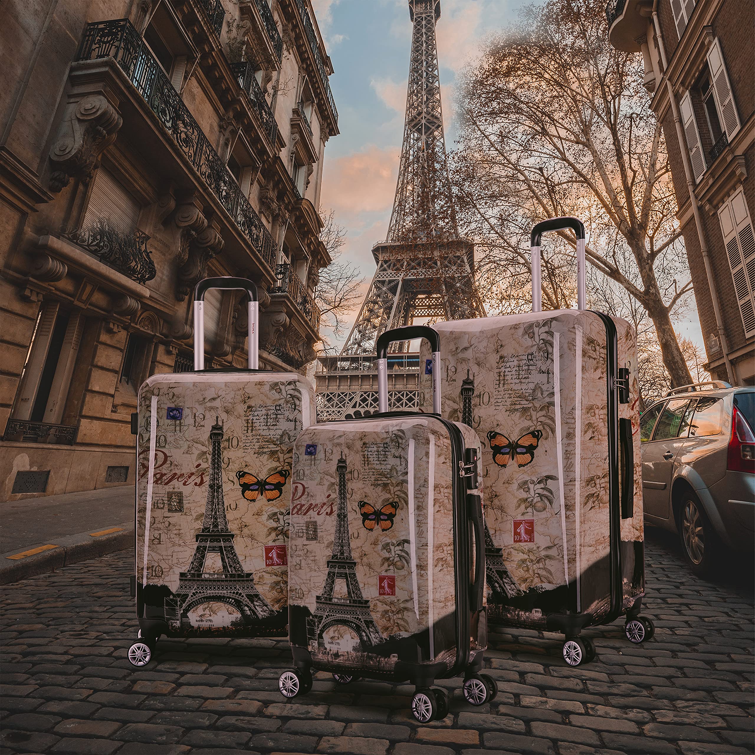 InUSA Paris Print Luggage with Spinner Wheels | Durable Lightweight Hardside Suitcase | Travel Bag with Handle and Trolley | (20in, 24in, 28in) 3 Piece Set
